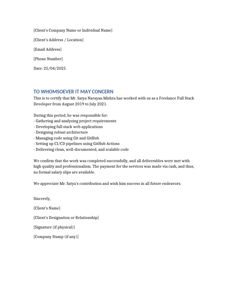 Freelancer Experience Certificate Sample | PDF