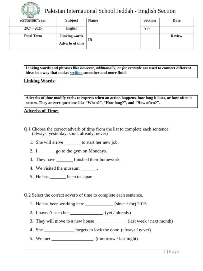 Time Adverbs and Linking Words Worksheet | PDF | Adverb | English Language