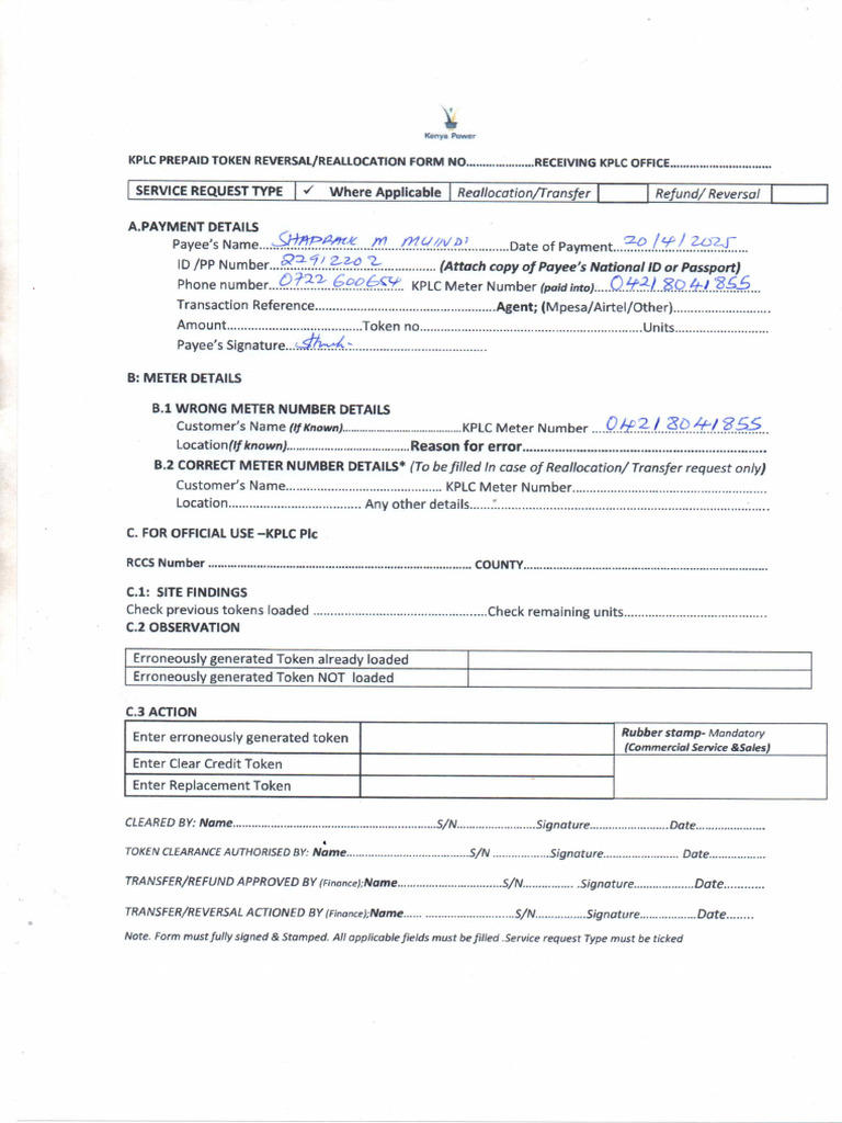 KPLC Prepaid Token Reversalreallocation Form No | PDF