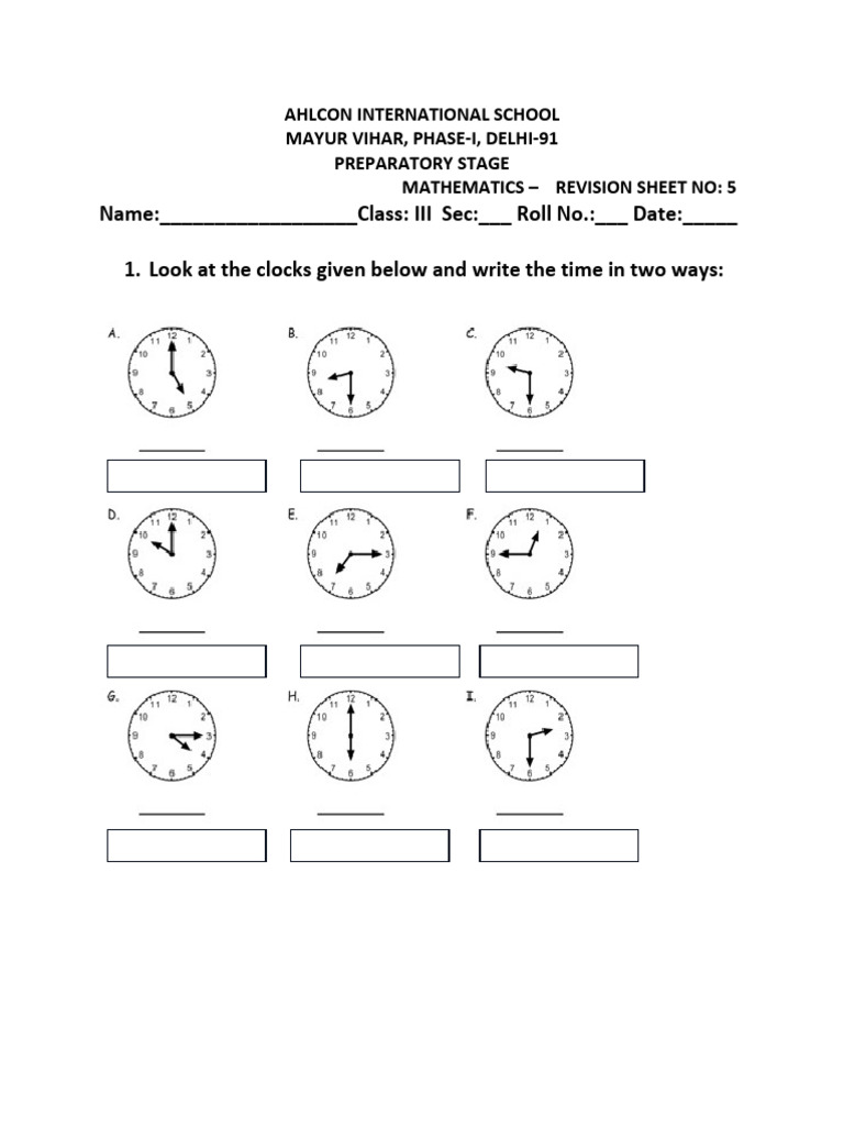 Time Class 3 Revision Sheet 5 | PDF