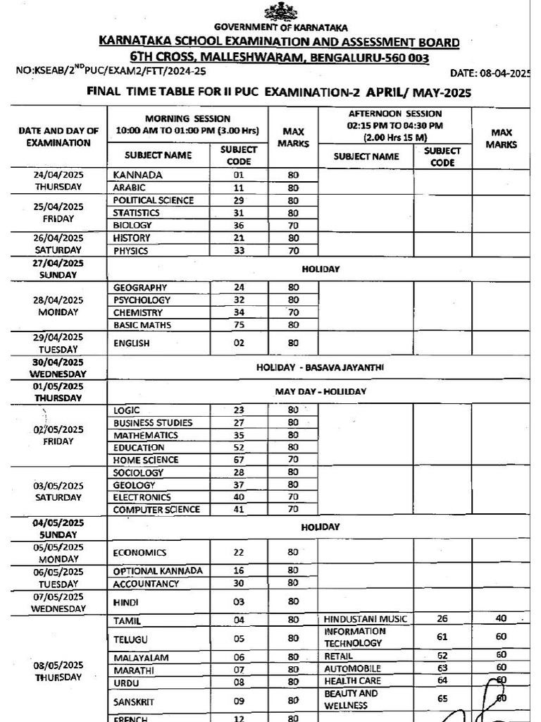 2nd Puc Exam 2 Time Table.. | PDF