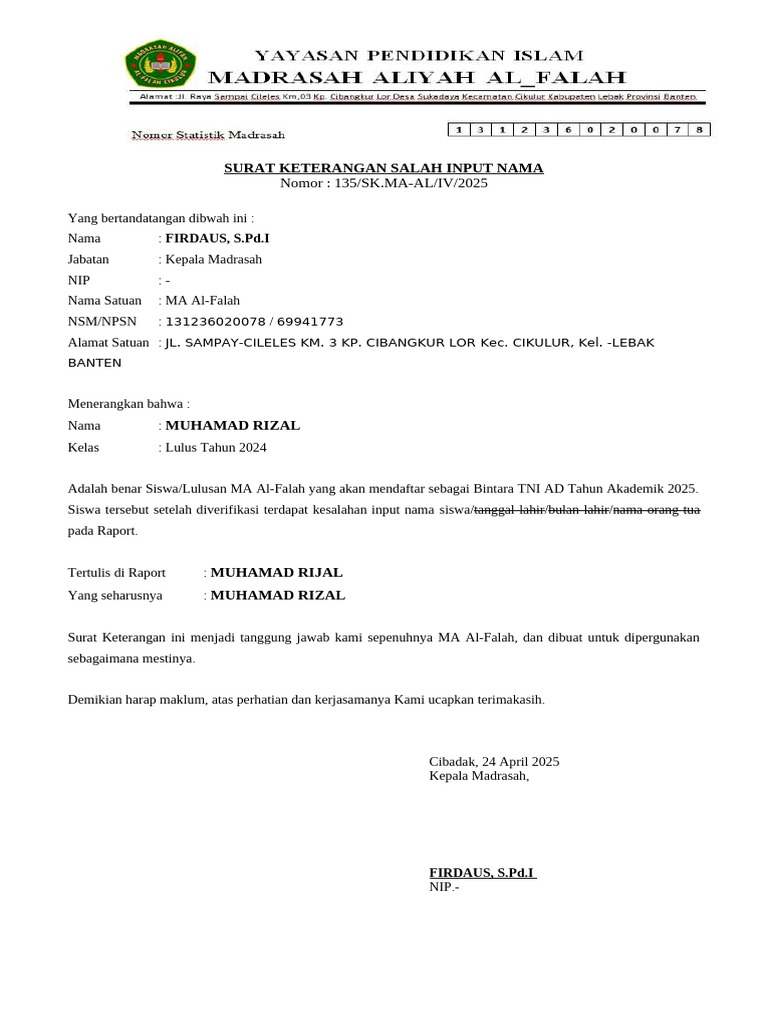 Surat Keterangan Salah Input Nama | PDF