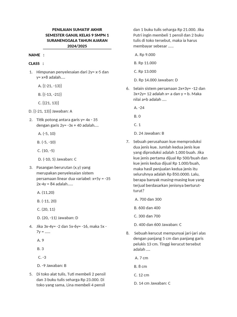 Penilaian Akhir Semester Kelas 9 | PDF