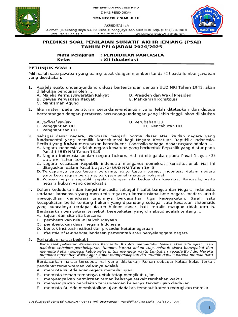 2.a. Soal Prediksi Penilaian Sumatif Akhir Jenjang (Psaj) Pp Kelas Xii 2024 2025 | PDF