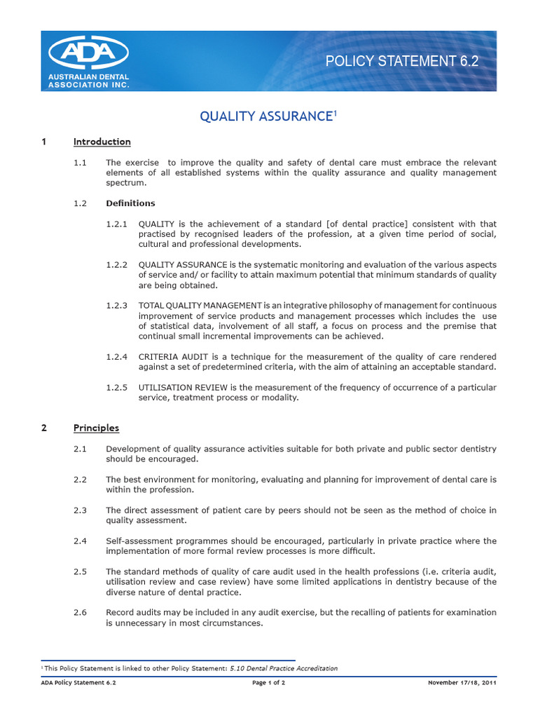 m418674 - v1 - Policy Statement 6.2 Quality Assurance | PDF | Dentistry ...