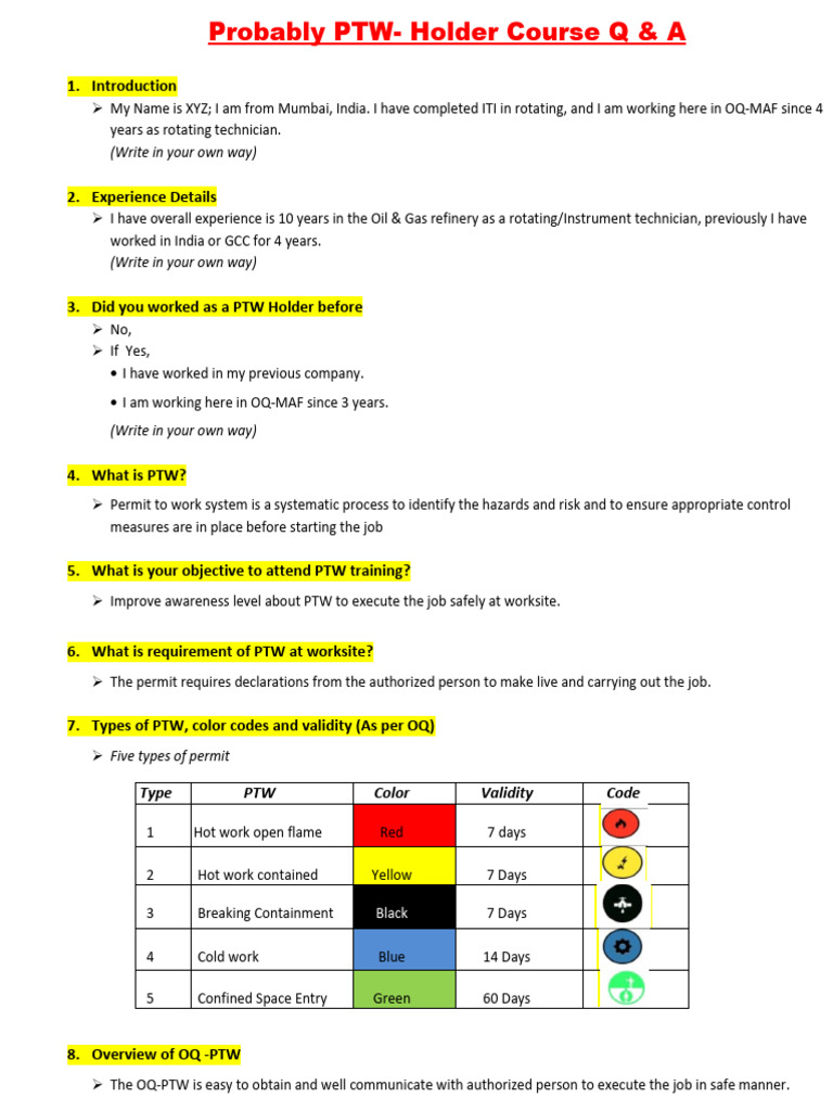 PTW-Holder Cousre OQ Sohar | PDF | Fuels | Chemical Substances