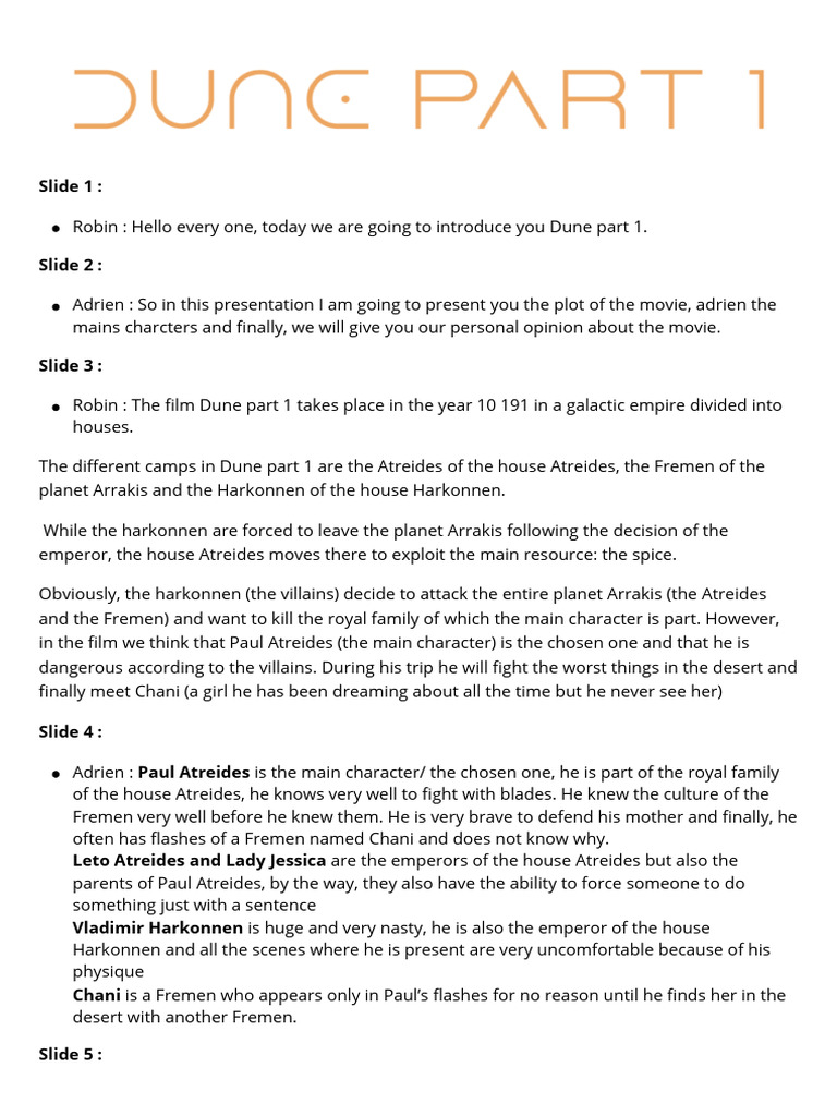 Dune Part 1: Plot and Character Overview | PDF | Dune (Franchise ...