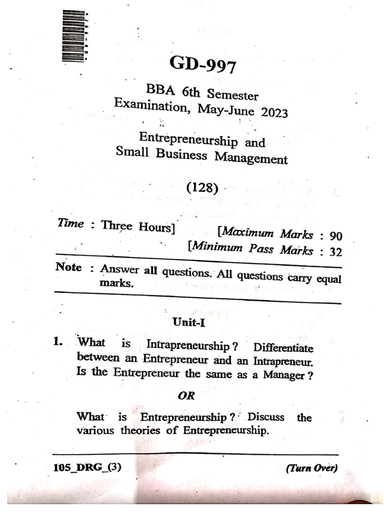 Entrepreneurship BBA 6th sem qp | PDF