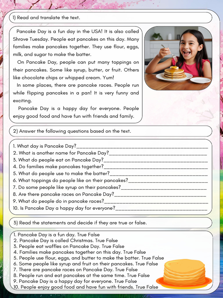 Pancake Day in The Usa Reading Worksheet A0-A1 | PDF | Pancake | Waffle