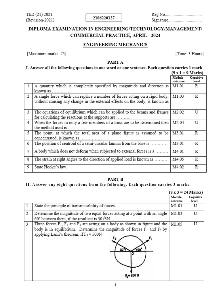 Engg Mechanics A24 R21 2021 | PDF | Force | Stress (Mechanics)
