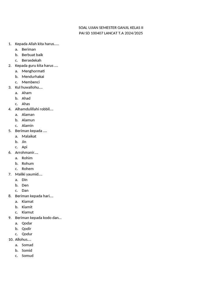 Soal Ujian Semester Ganjil Kelas 1 Pai | PDF