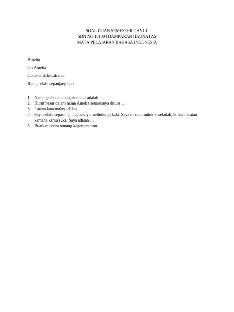 Soal Ujian Semester Ganjil SDN 101004 | PDF