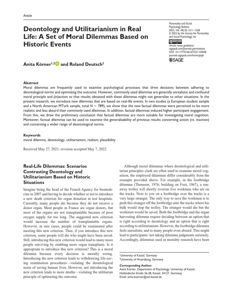 Real-Life Moral Dilemmas: Deontology vs. Utilitarianism | PDF ...