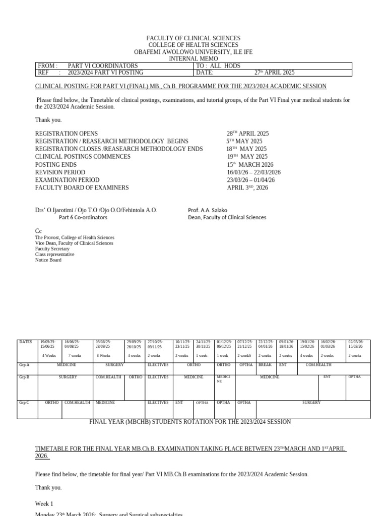 2023/2024 Final Year MBChB Timetable | PDF | Medical Education ...