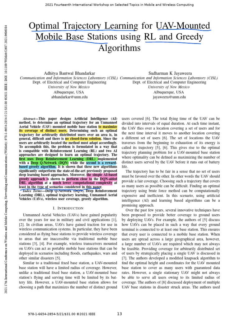 Optimal Trajectory Learning For UAV-Mounted Mobile Base Stations Using RL and Greedy Algorithm ...