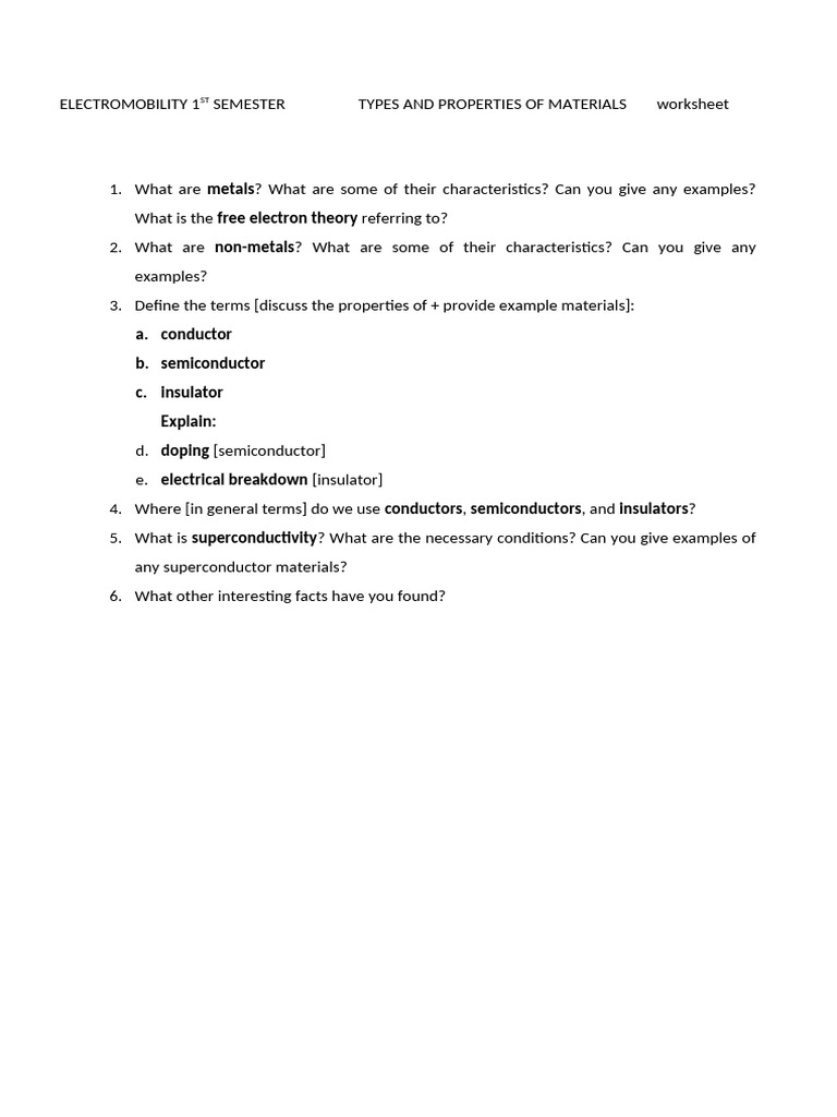 Types and Properties of Materials - Worksheet | PDF