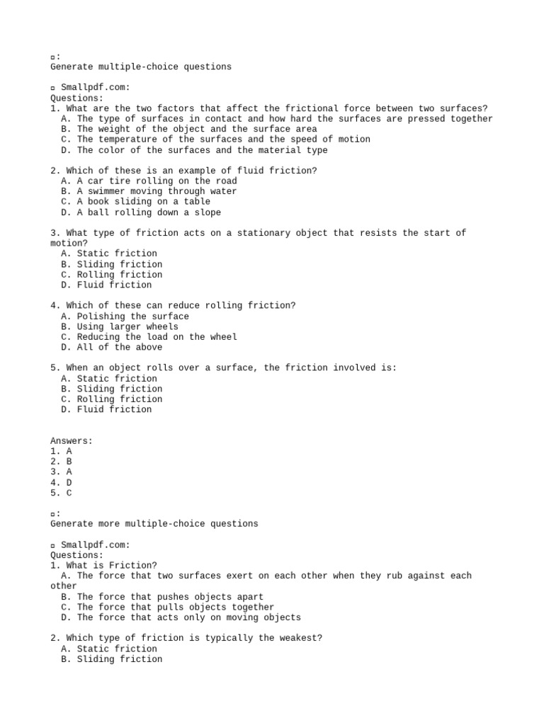 Friction Multiple-Choice Questions | PDF