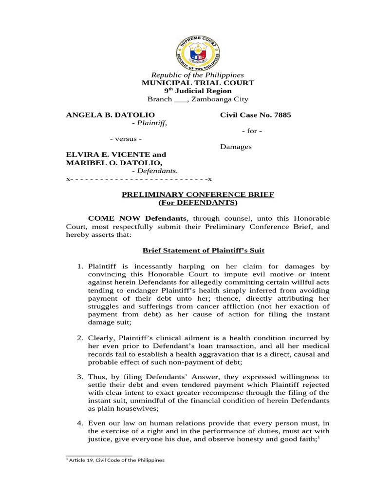 prelim conference brief | PDF | Lawsuit | Damages