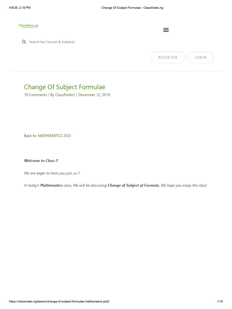 Change of Subject in JSS3 Mathematics | PDF | Formula | Factorization