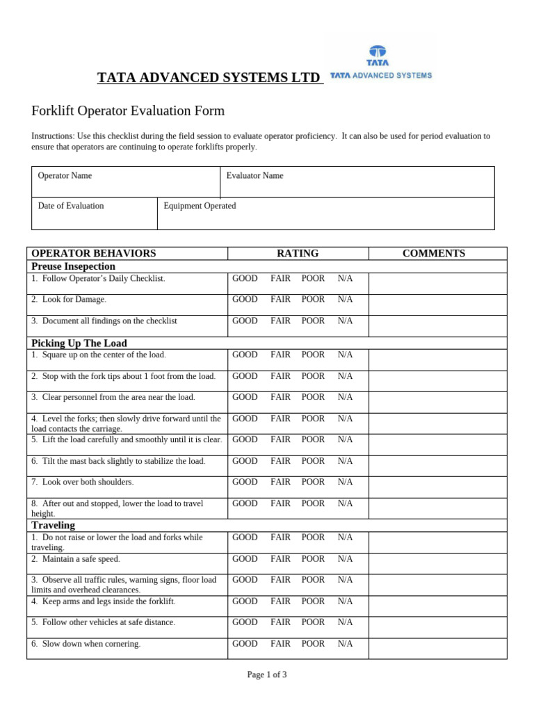 Forklift Operator Evaluation Form | PDF | Forklift | Transport
