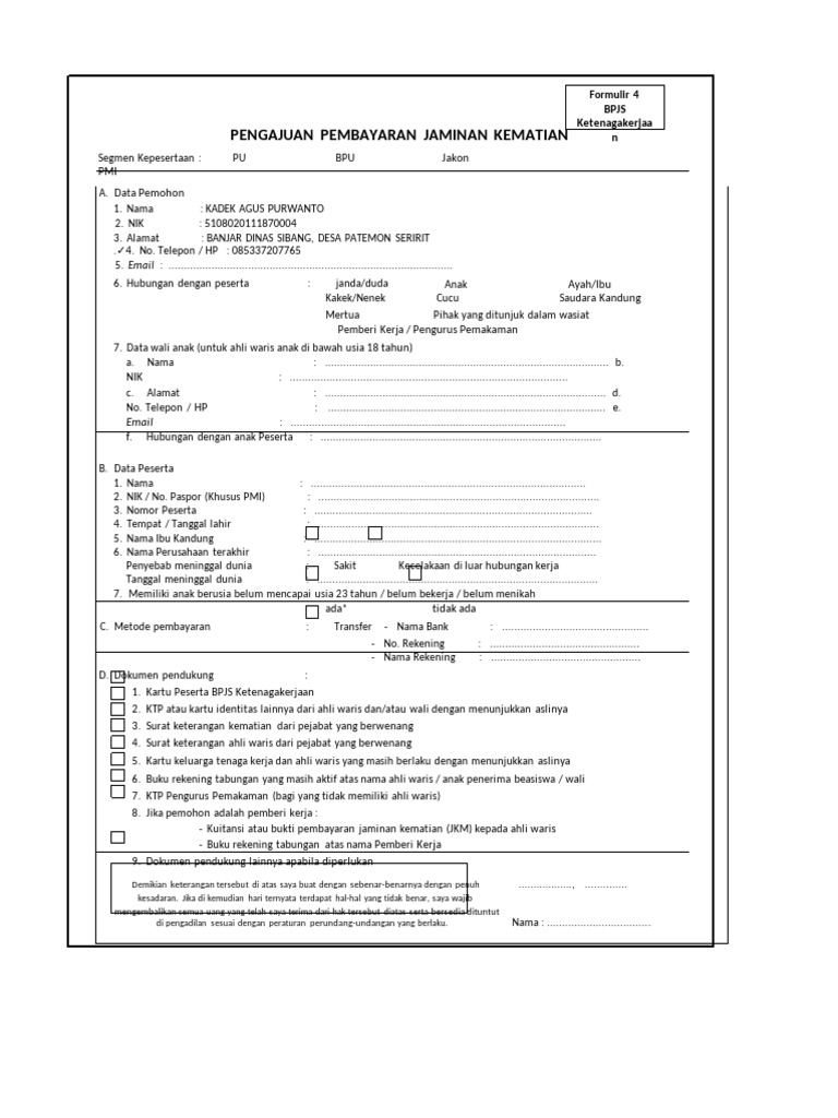 Formulir - 4 - BPJS - Ketenagakerjaan JKM | PDF