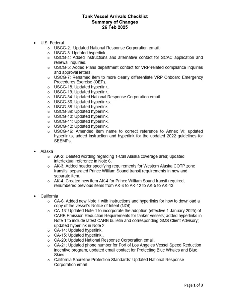 GMS Arrivals Checklist Tanker 26 Feb 2025 Change Items | PDF