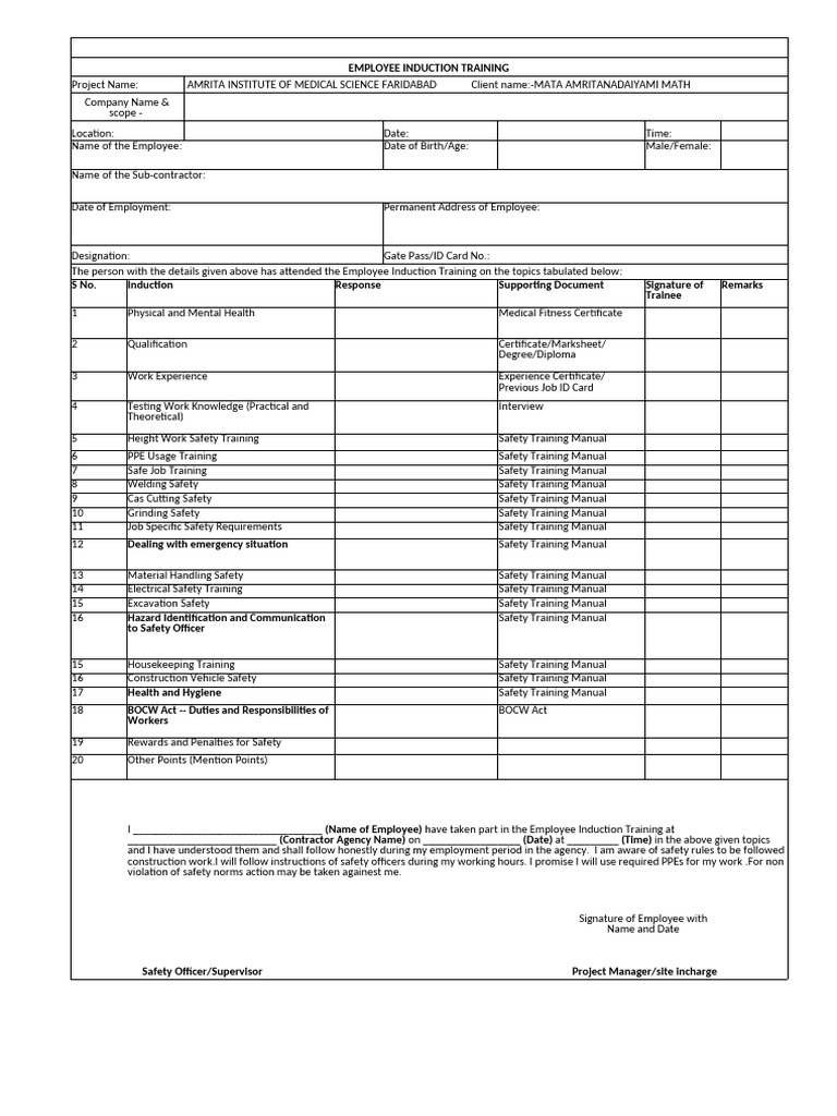 Induction Format to All Sub-contractor (1) | PDF | Employment ...