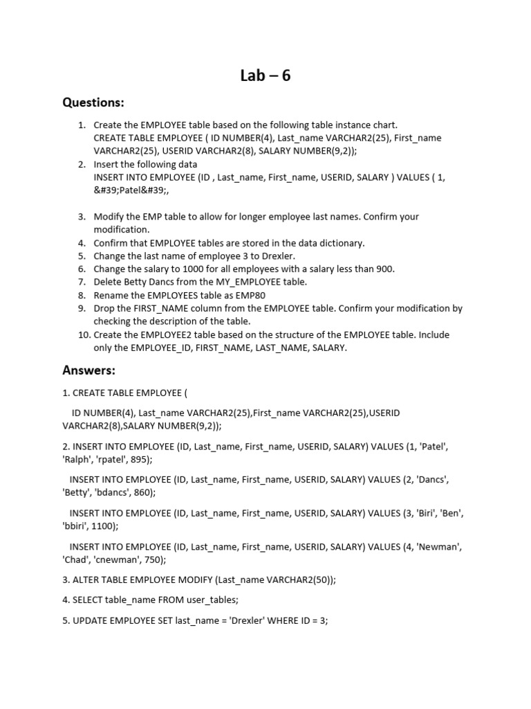 DBMS Lab Question & Solution | PDF | Sql | Data Model