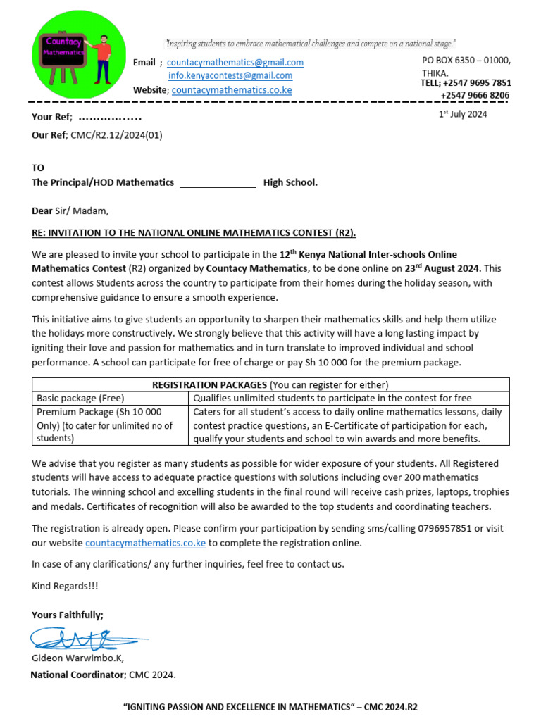 HRH Gyalsey Math Award Contest Invitation | PDF