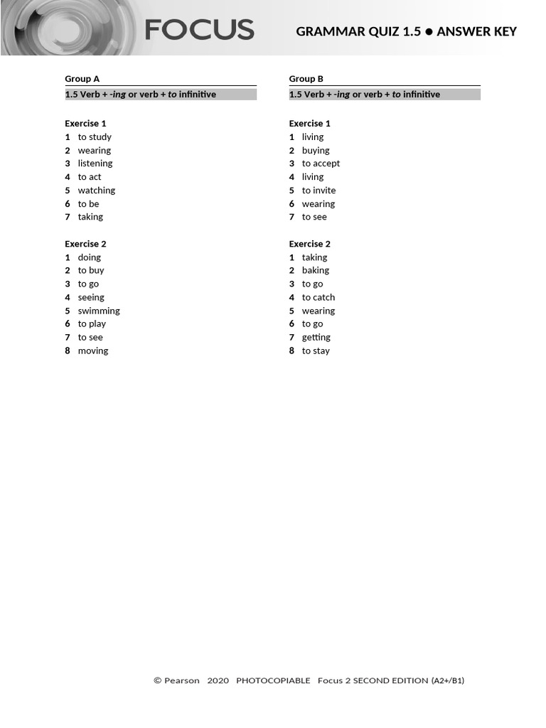 Focus2 2E Grammar Quiz Unit1 5 GroupA B ANSWERS | PDF
