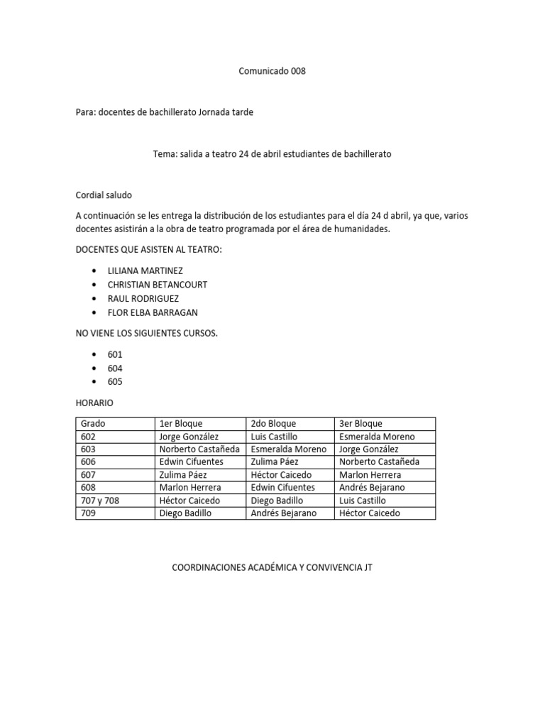 Comunicado 008 Salida a Teatro.-1 | PDF