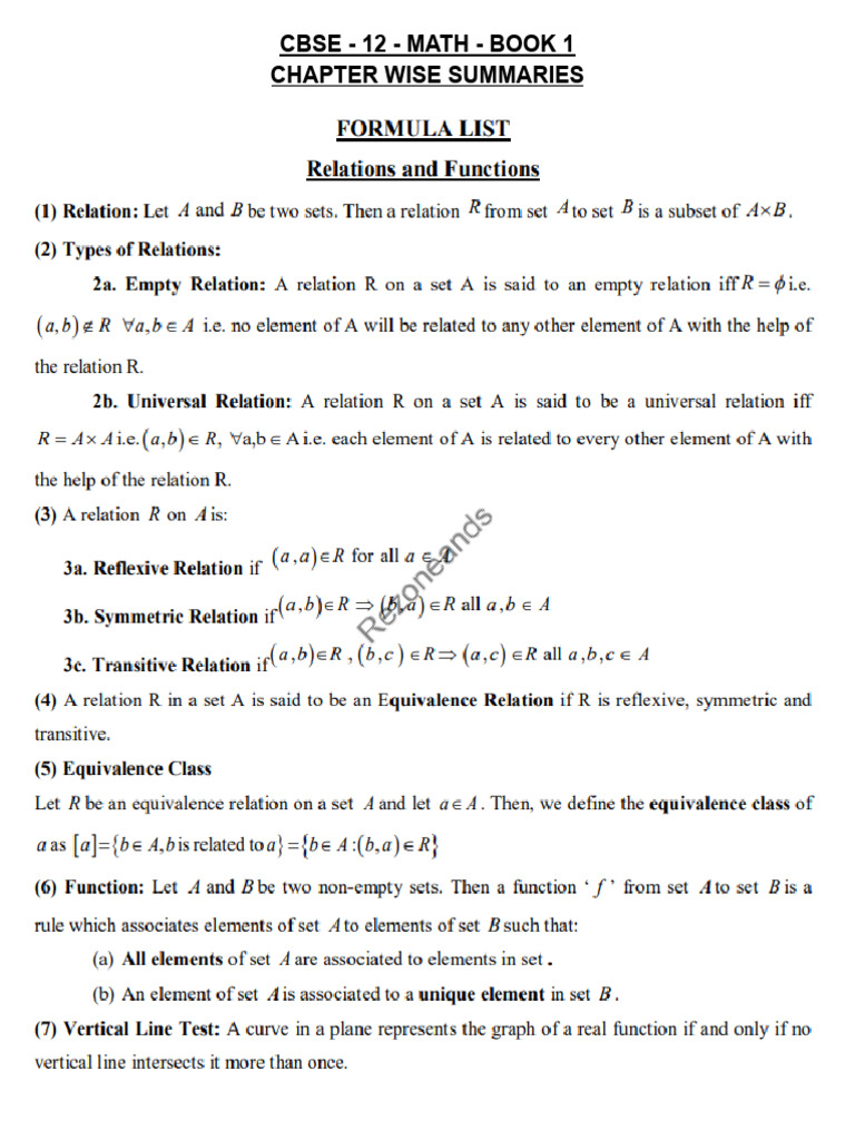 CBSE - 12 - MATH - BOOK 1, FORMULAS.rez | PDF