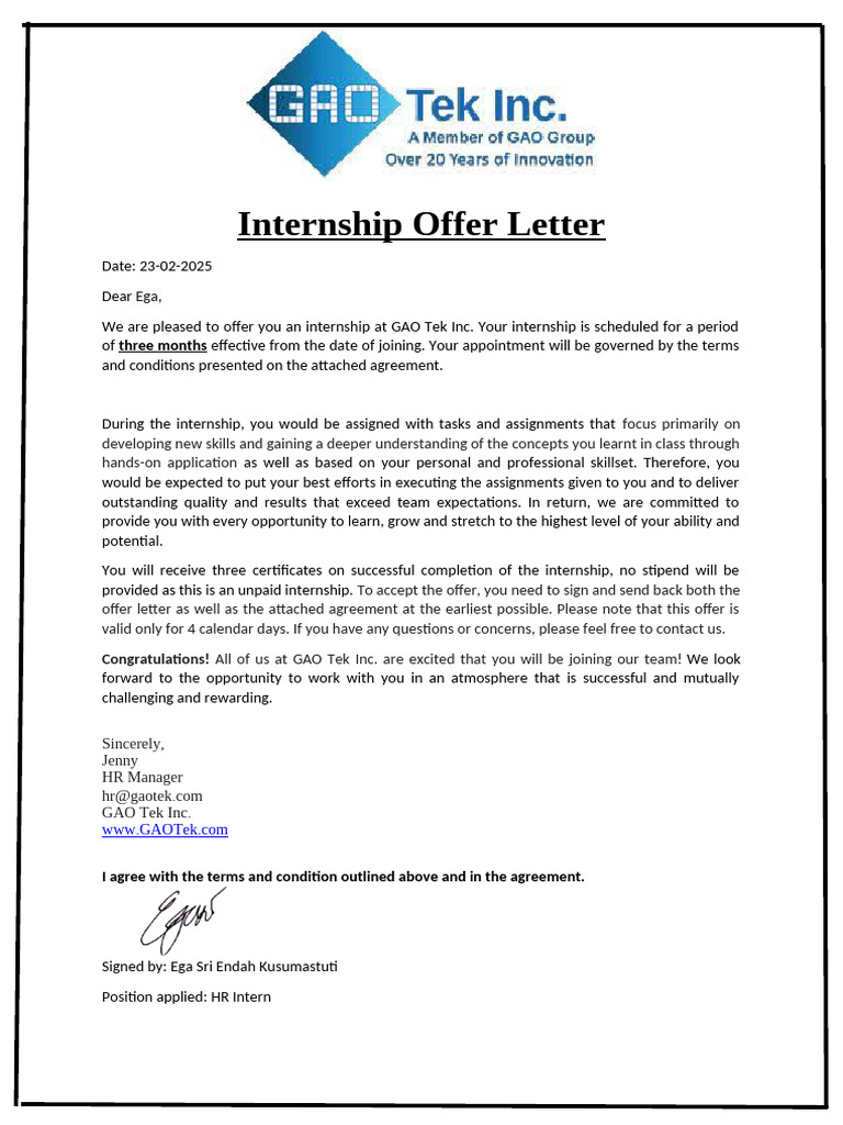 Internship Offer Letter - GAO Tek Inc | PDF