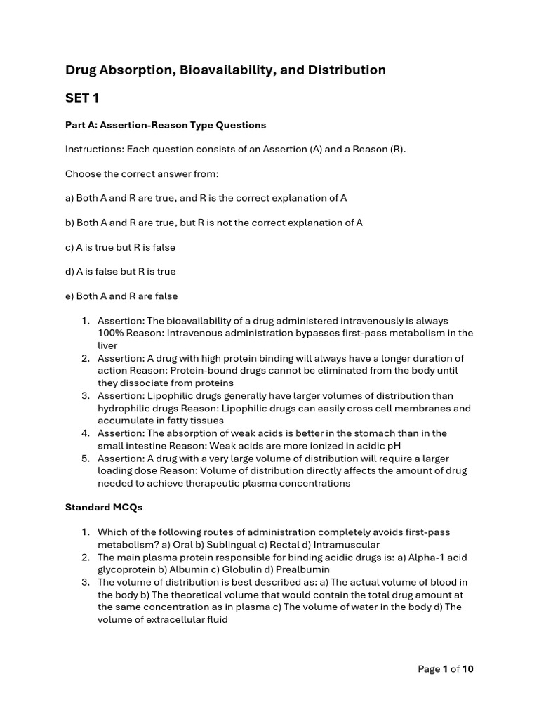 Drug Absorption and Bioavailability MCQs | PDF | Bioavailability | Pharmaceutical Sciences
