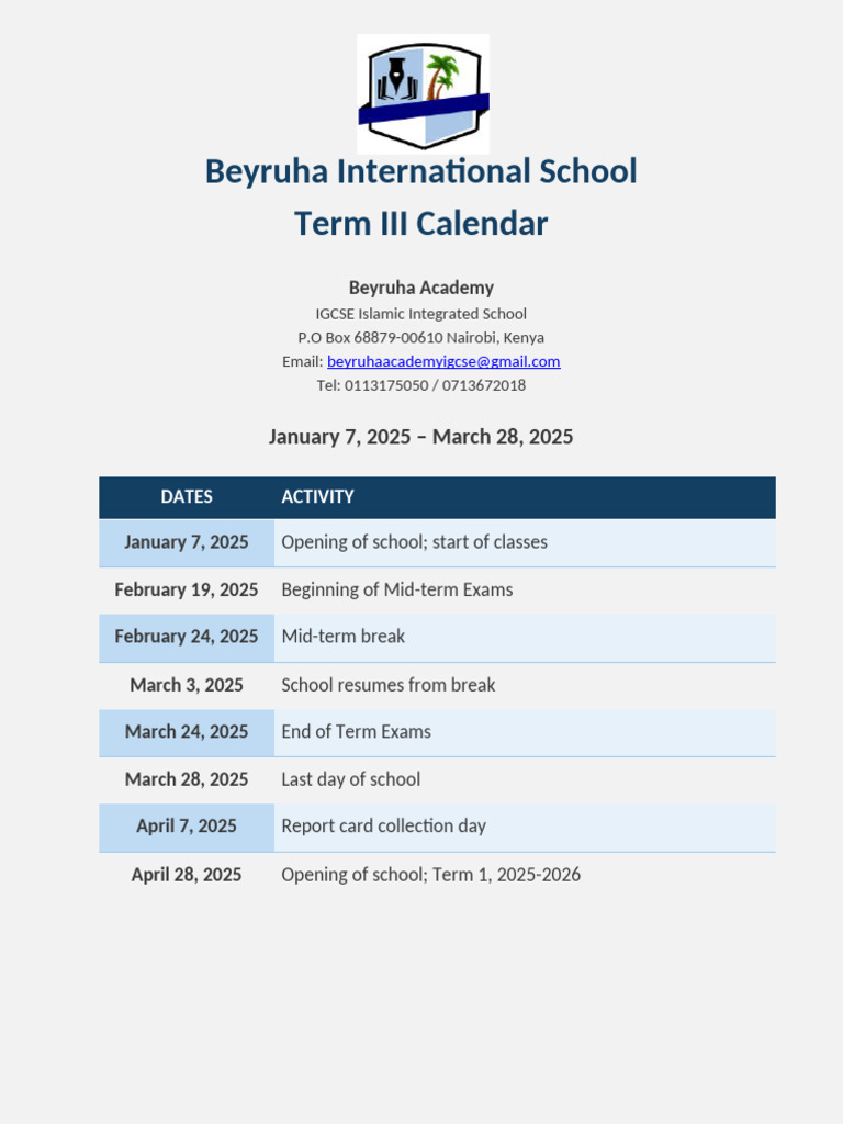 Beyruha International School Term III Calendar | PDF