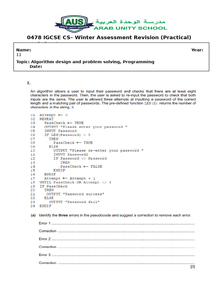 Year 11 CS - WA Revision Worksheet (Practical) - 2024-25 | PDF
