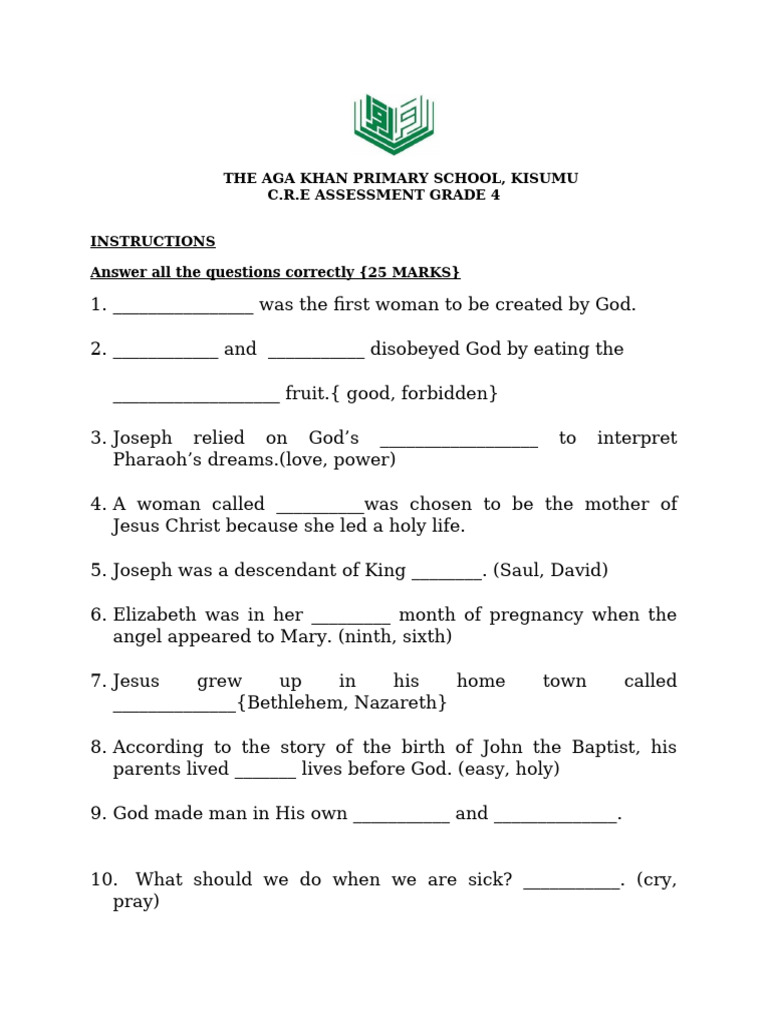 Grade 4 C.R.E Assessment Questions | PDF