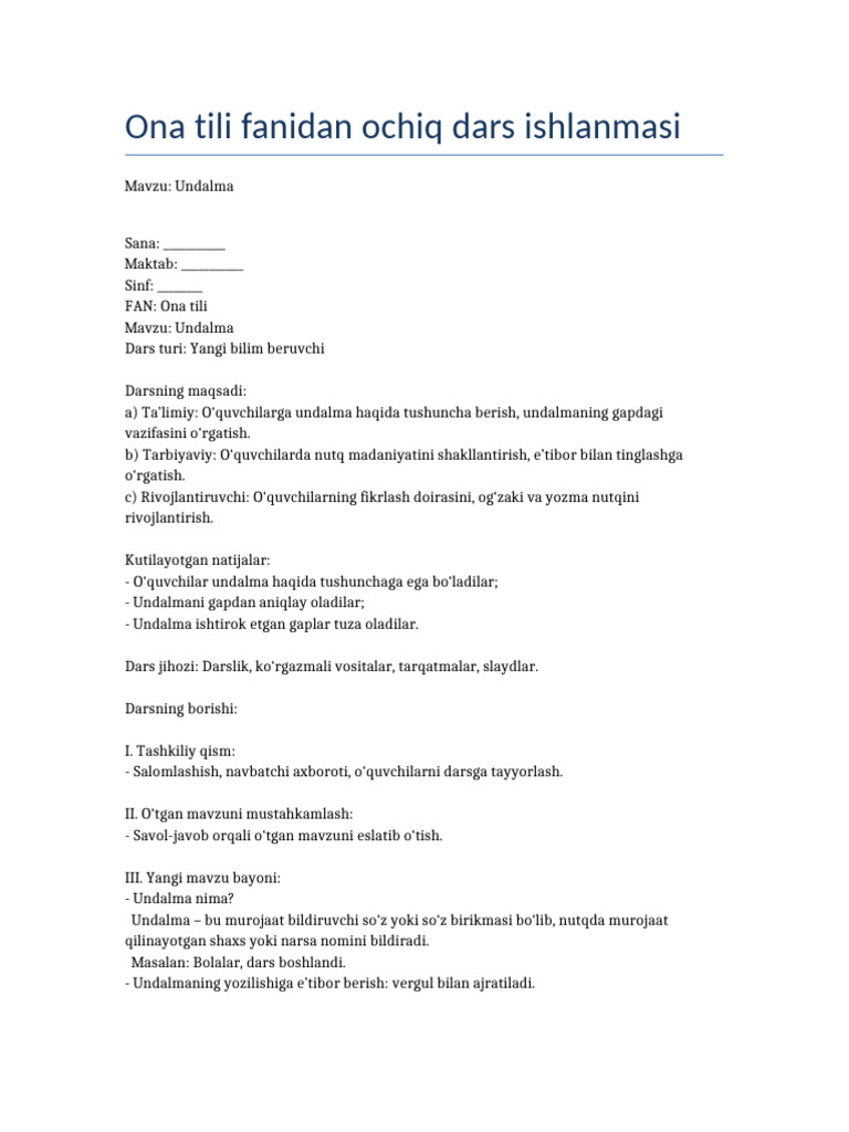 Ona Tili Undalma Dars Ishlanmasi | PDF