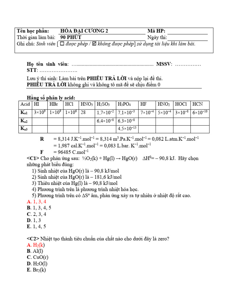 Che00002 - de Thi Cuoi Ky Hdc2 - hk2-2022-2023 - Ok | PDF