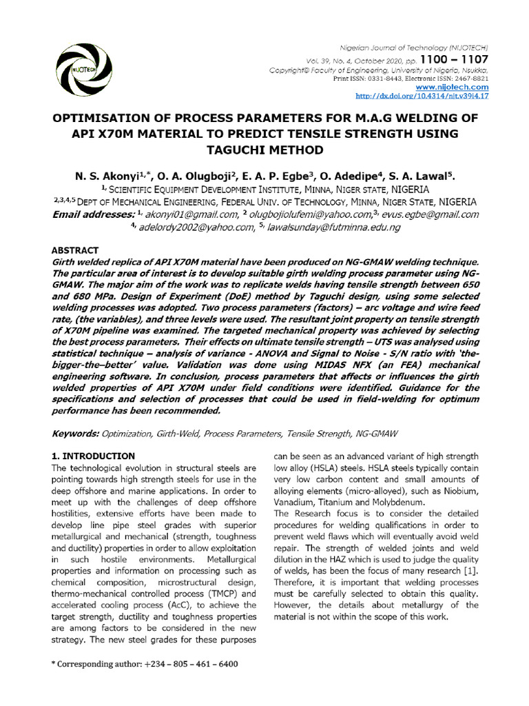 Optimisation of Process Parameters For M.A.G Welding of Api X70M Material To Predict Tensile ...