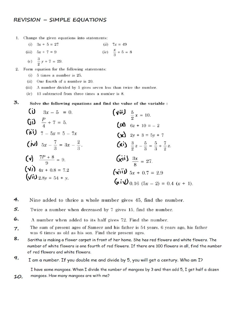 GR 6 Revision - Simple Eqns | PDF
