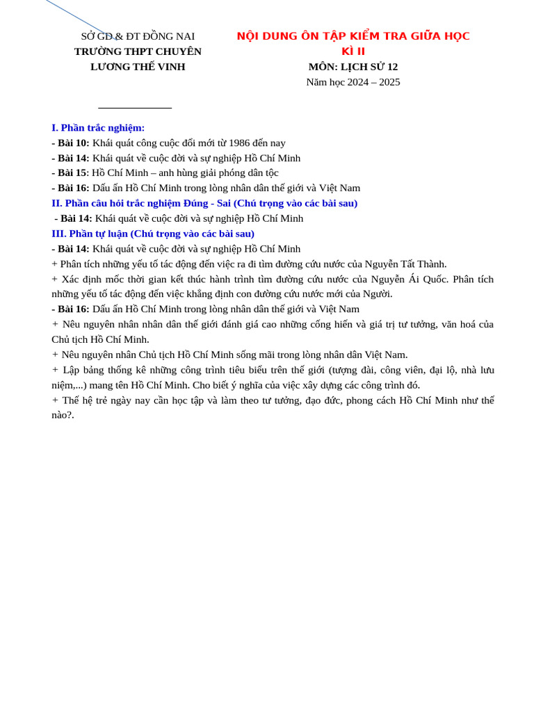 Noi Dung On Tap Lich Su 12 GHK2 2024 2025 | PDF