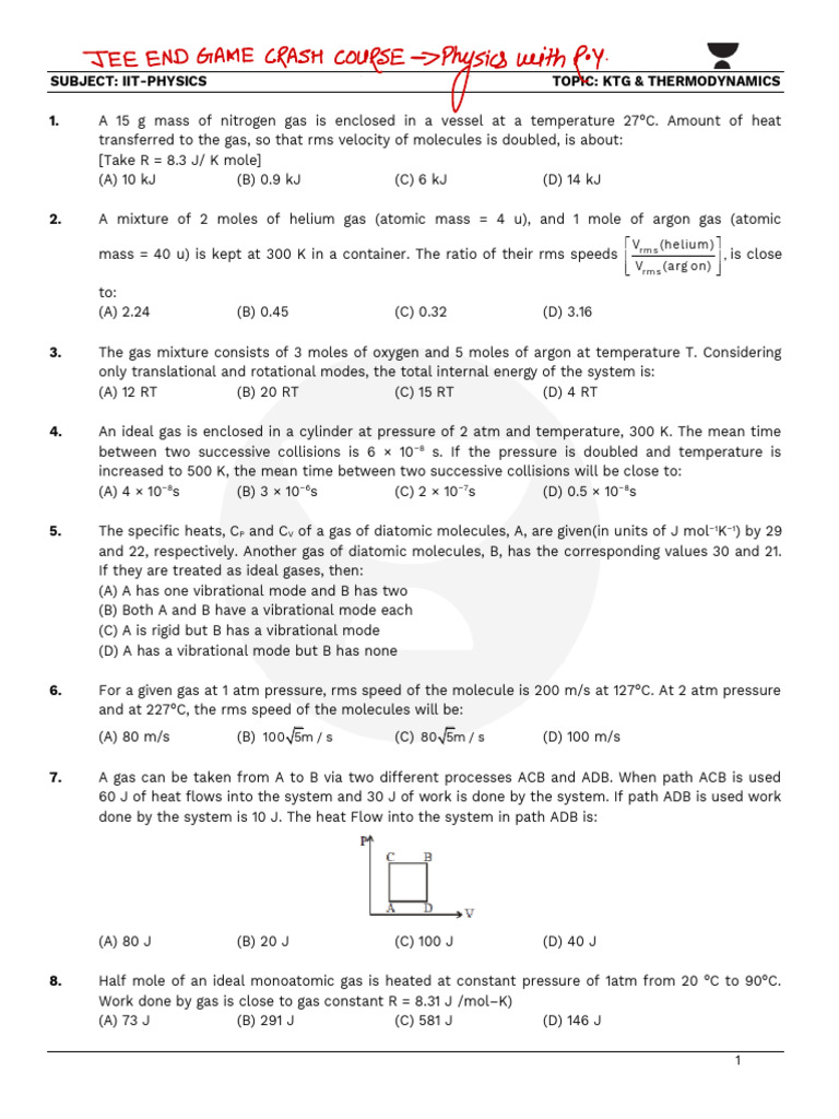 IIT Physics Question Bank: KTG & Thermodynamics | PDF | Gases | Physical Sciences