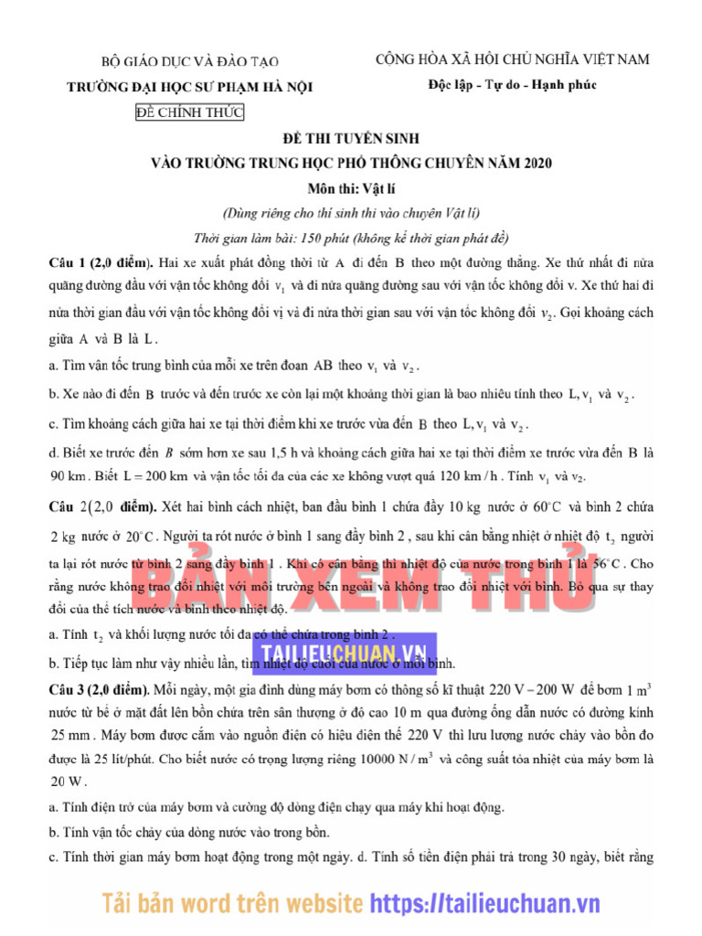 10de Thi Vao Chuyen Vat Li THPT Chuyen Dai Hoc Su Pham Ha Noi Nam Hoc 2020 2021 Co Loi Giai Chi ...