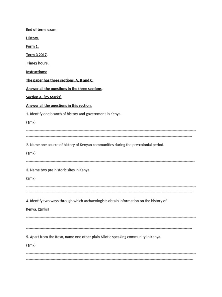 Form 1 History Exam - Term 3 2017 | PDF | Kenya | Africa