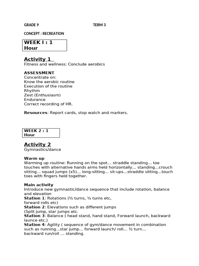 PE Grade 9 Term 3 Activities | PDF | Gymnastics | Dances