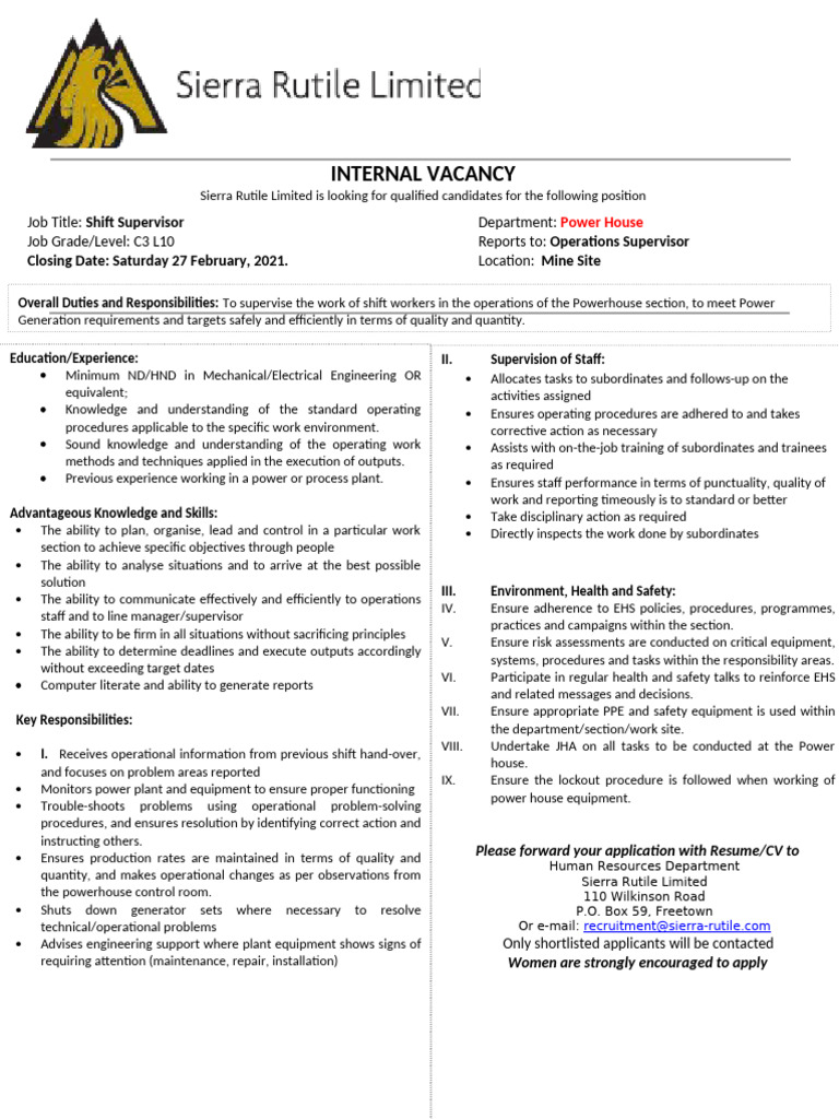 Advert - Shift Supervisor Power House | PDF | Business