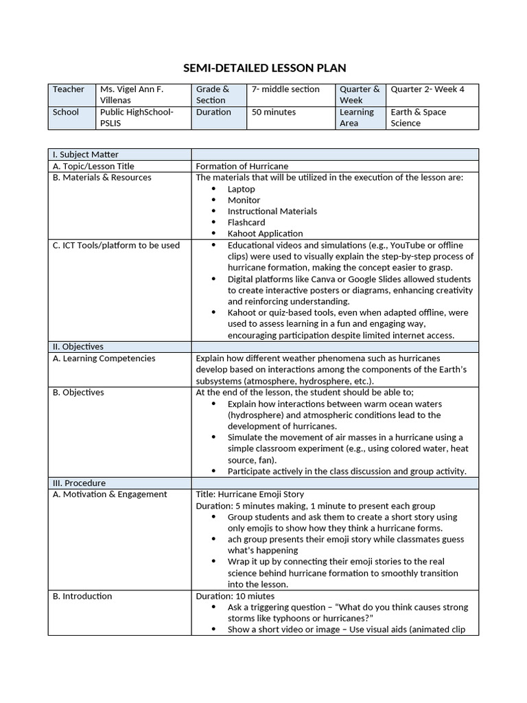 Semi-Detail Lesson Plan - TTL2 | PDF | Tropical Cyclones | Educational Technology