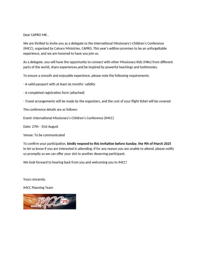 Invitation Letter - Delegate IMCC 2025 | PDF
