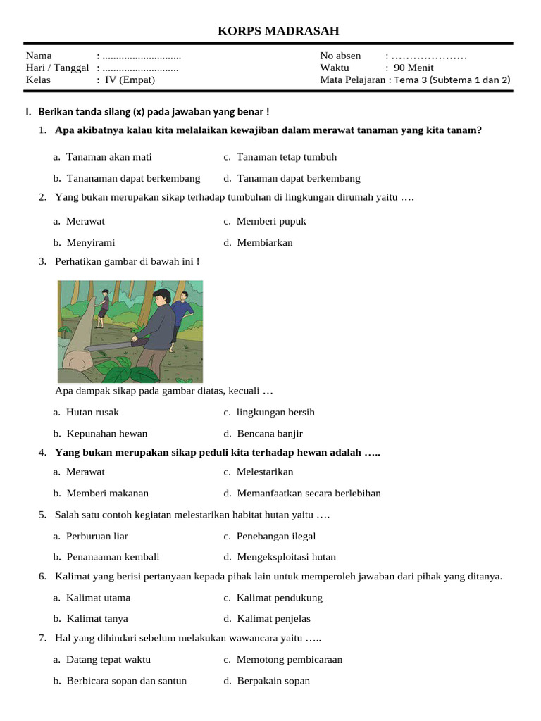 soal pts kelas 4 tema 3 sub sub 1&2 - Kamimadrasah | PDF